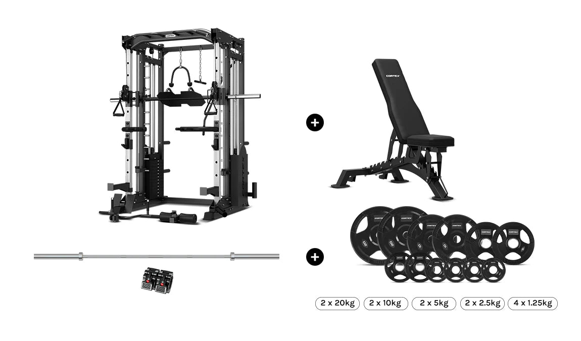 SM-25 6-in-1 Power Rack with Smith & Cable Machine + BN9 Bench + 100kg ...