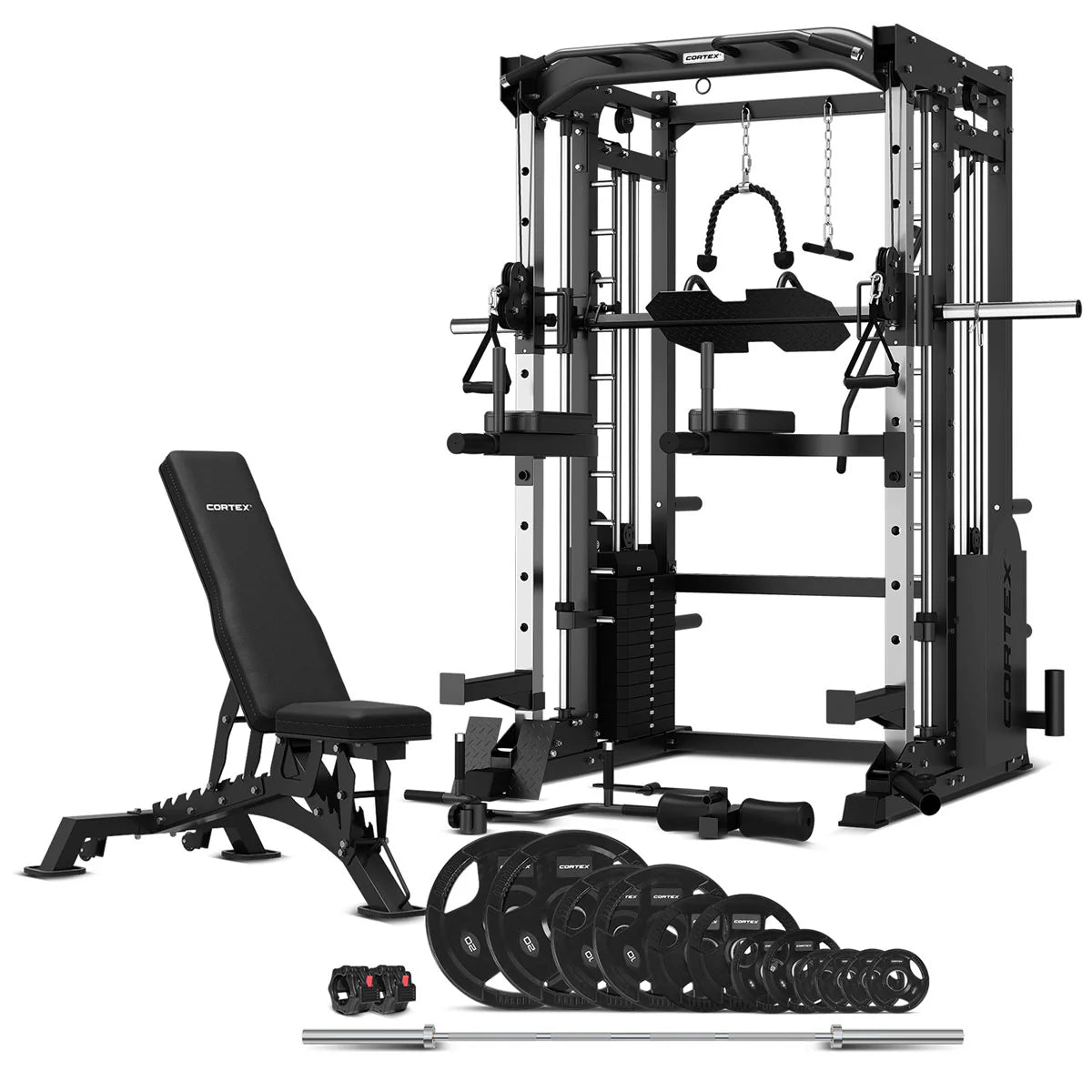 SM-25 6-in-1 Power Rack with Smith & Cable Machine + BN9 Bench + 100kg ...